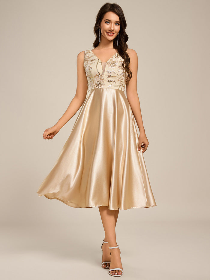 Strapless A-Line Midi Dress with Deep V-Neck Wedding Guest Dress