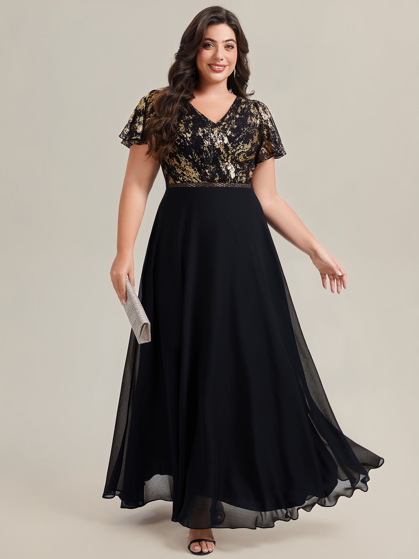 Plus Size Deep V-Neck A-Line Ruffle Evening Dress - Fast Delivery